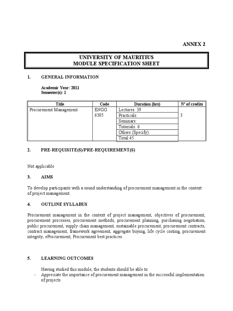 Annex 2 University of Mauritius Module Specification Sheet: 1. General ...