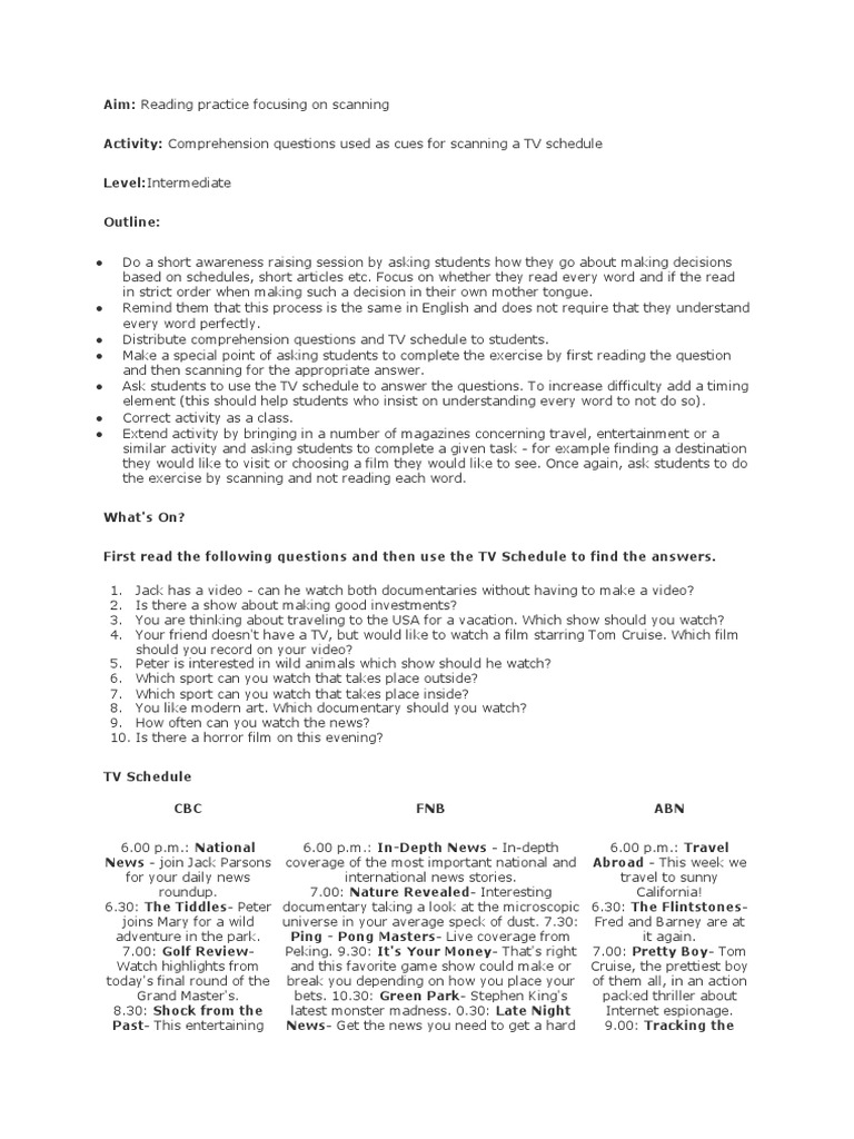 Year 7 Scanning Comprehension Activity | PDF | Reading Comprehension ...