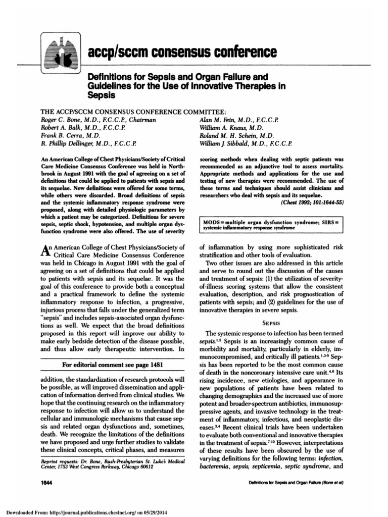 Definitions for Sepsis and Organ Failure: An American College of Chest ...