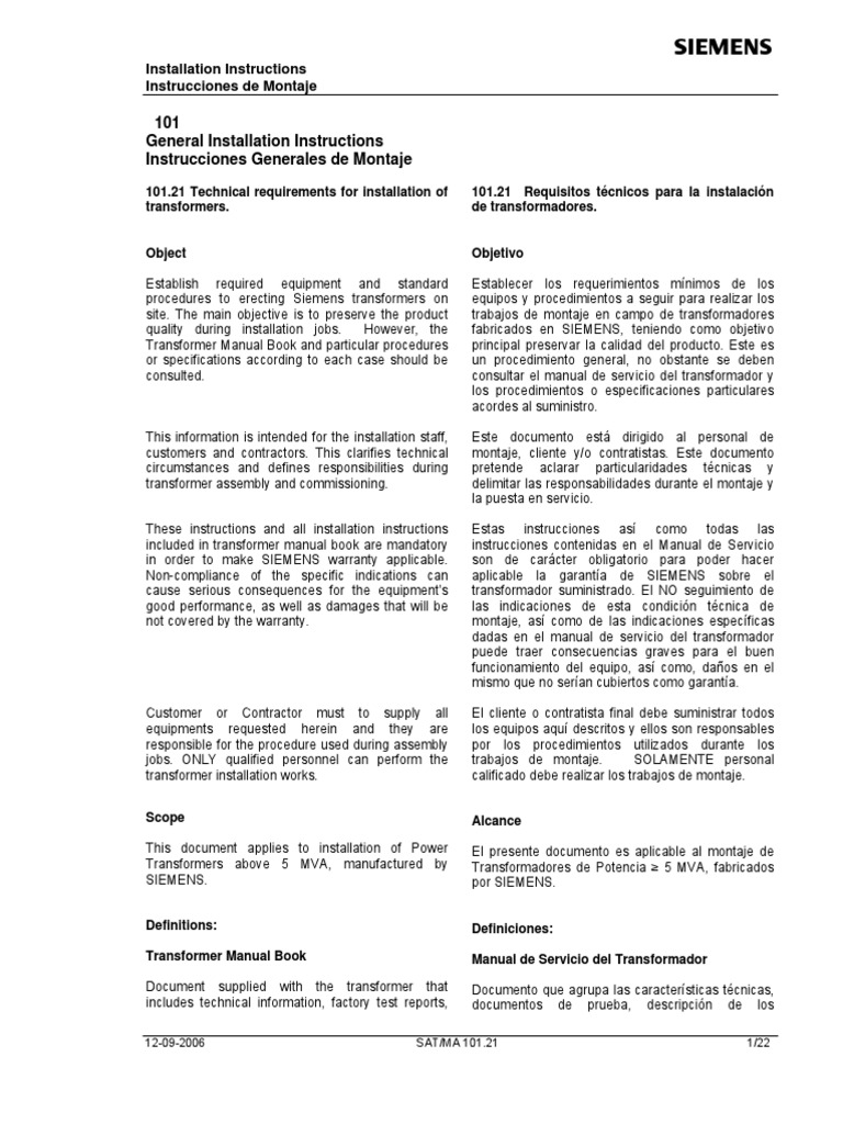 Sat-Ma101.21 Intalacion Trafo Siemens | PDF | Pressure Measurement | Transformer