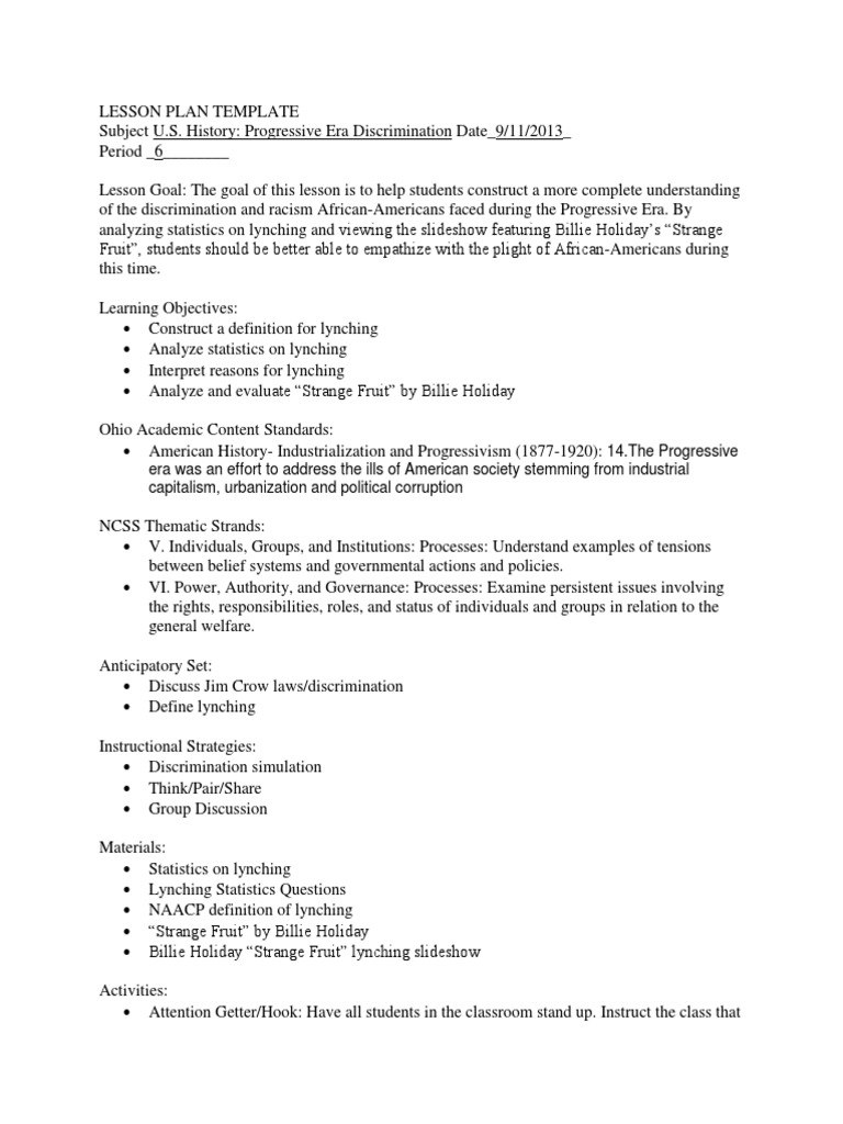 American History Lesson Plan - Discrimination | PDF | Progressivism ...