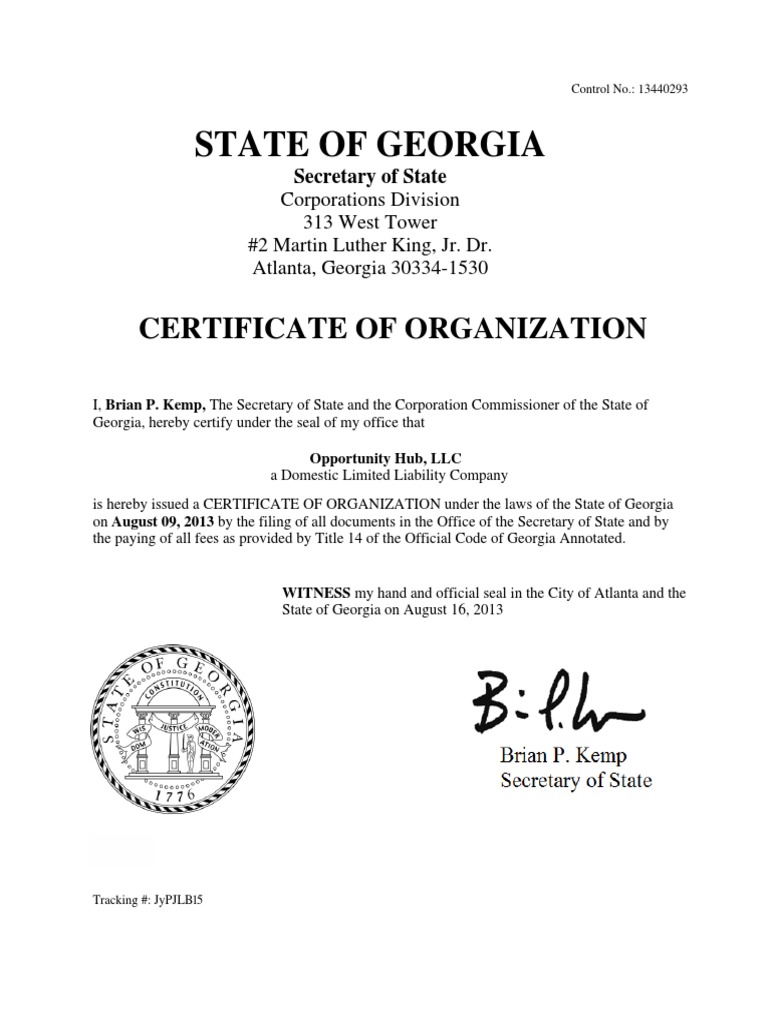 Opportunity Hub Certificate of Organization 081613 | PDF
