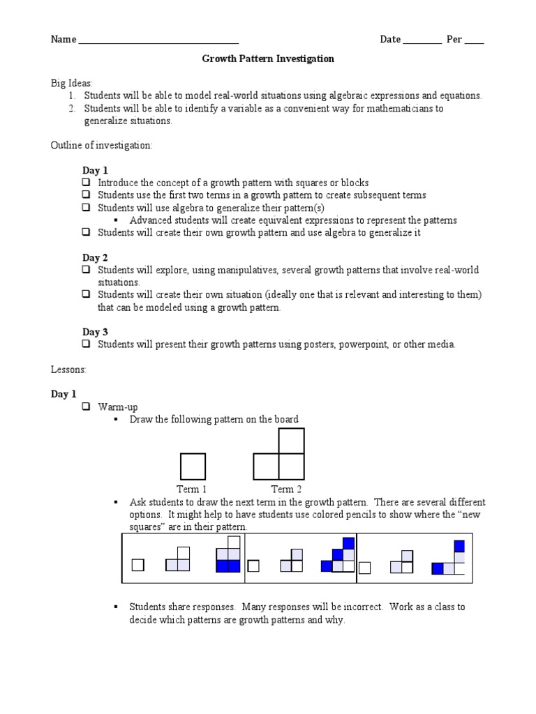 Growth Pattern Investigation Guide | PDF | Algebra | Homework