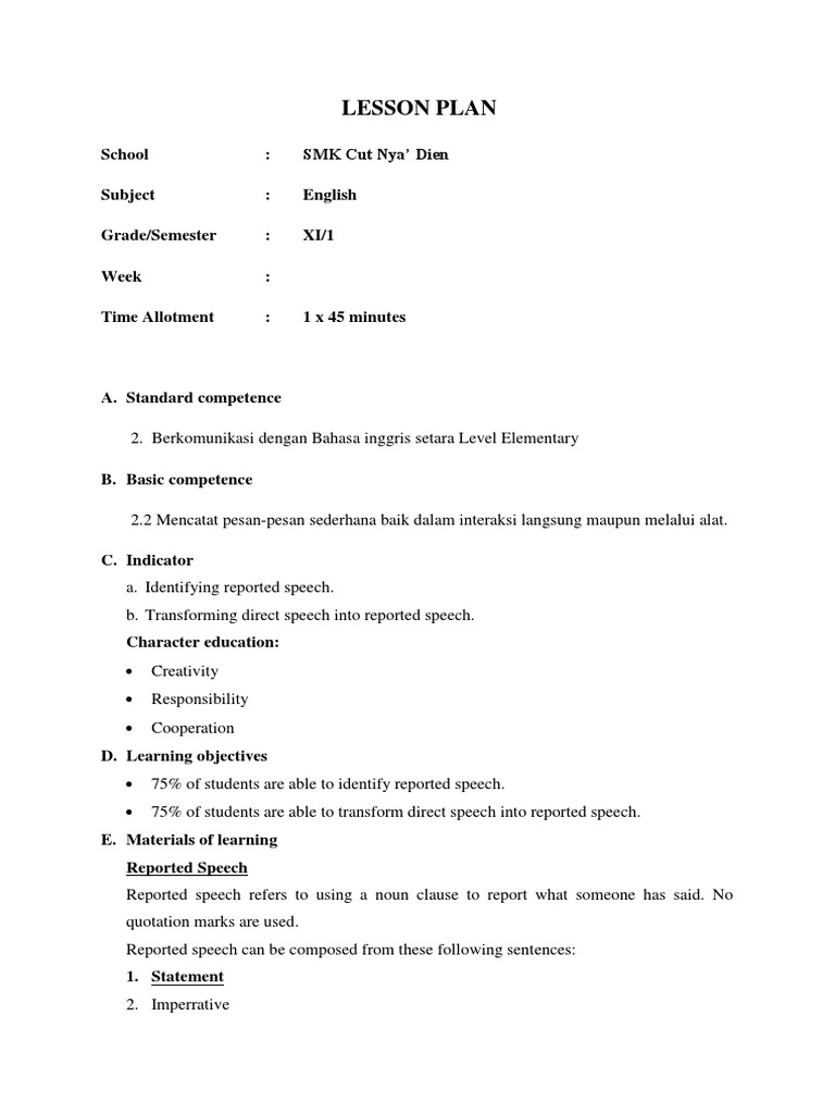 Reported Speech Lesson Plan for XI | PDF | Grammatical Tense ...