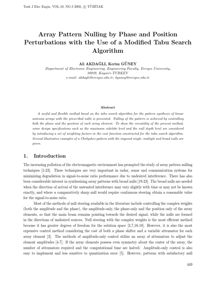 Array Pattern Nulling by Phase and Position Perturbations With The Use of A Modified Tabu Search ...