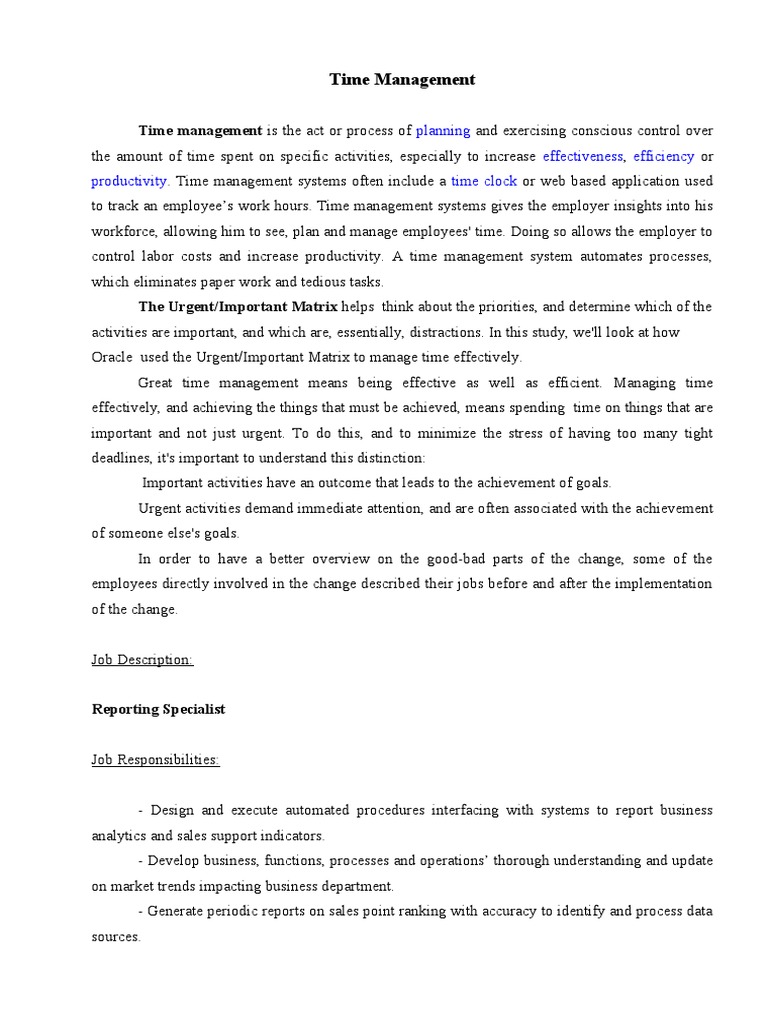 Time Management: Time Management Is The Act or Process of | PDF | Time ...