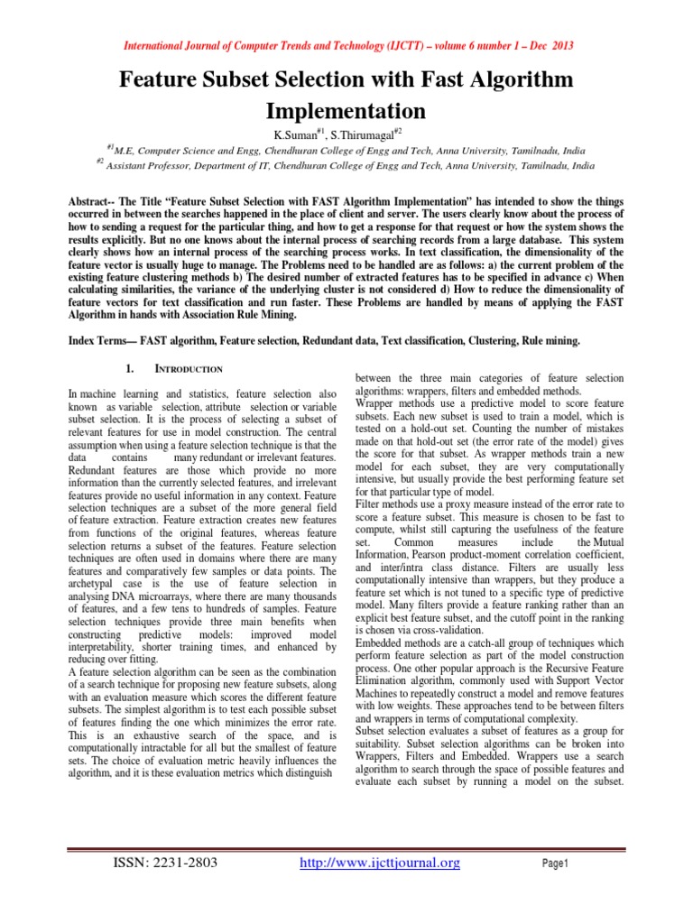 Feature Subset Selection With Fast Algorithm Implementation | Download Free PDF | Algorithms ...
