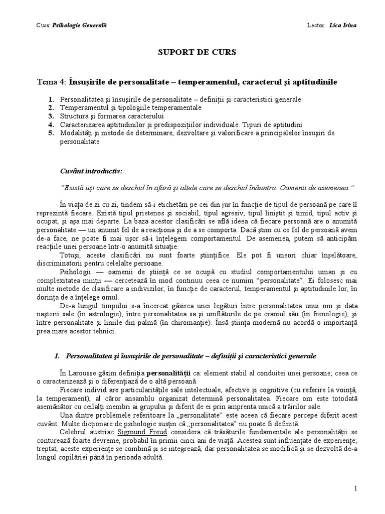 Insusirile de Personalitate - Temperamentul, Caracterul Si Aptitudinile ...
