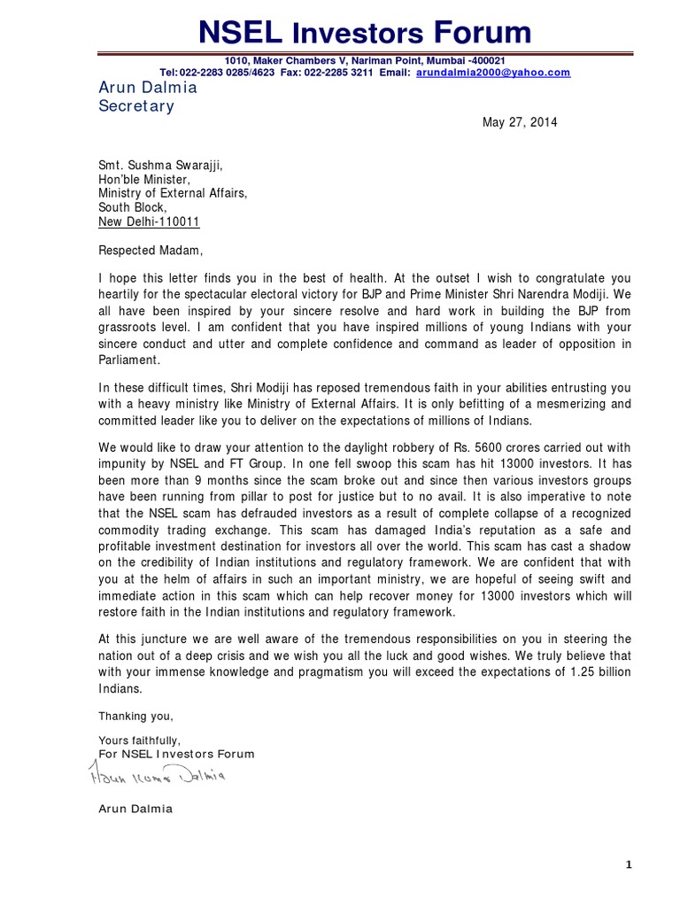 Letter To Smt. Sushma Swaraj | PDF