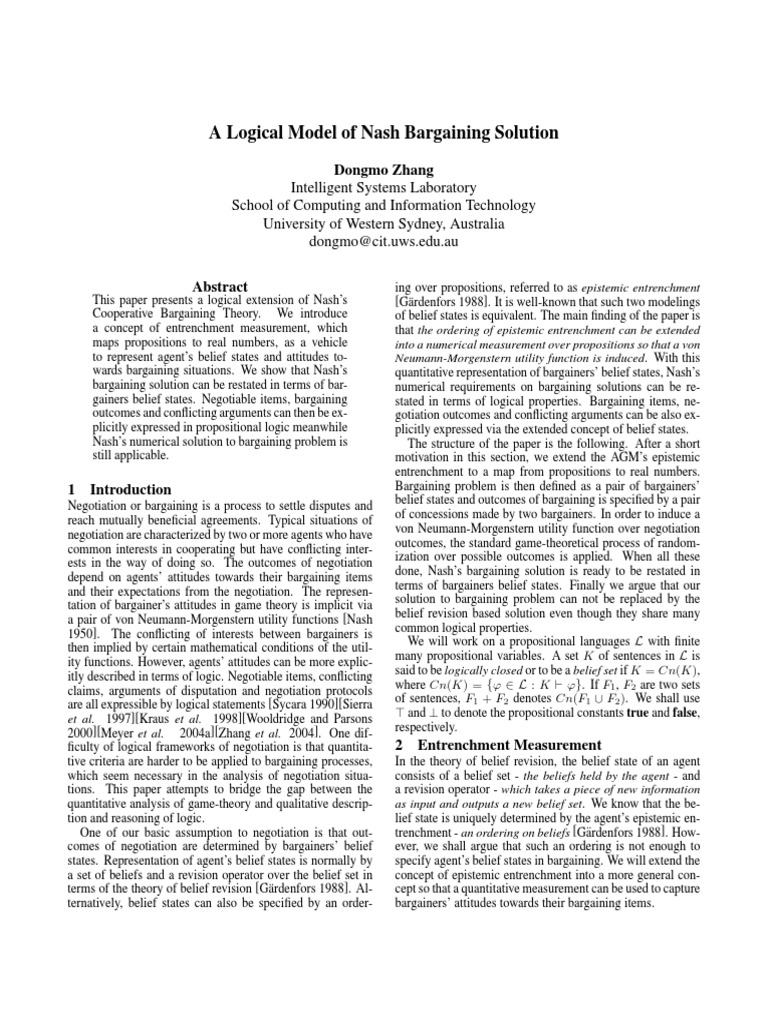 A Logical Model of Nash Bargaining Solution: Dongmo Zhang | PDF ...