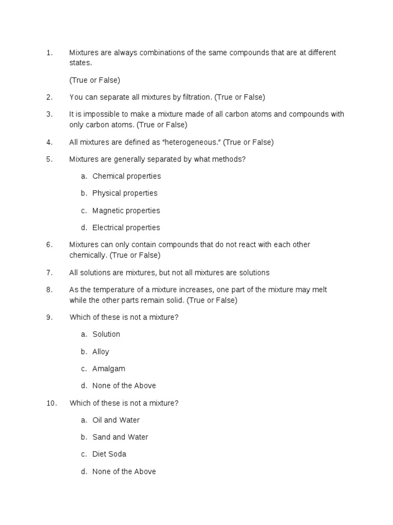 5th Grade - Mixing Substances - Quiz | PDF