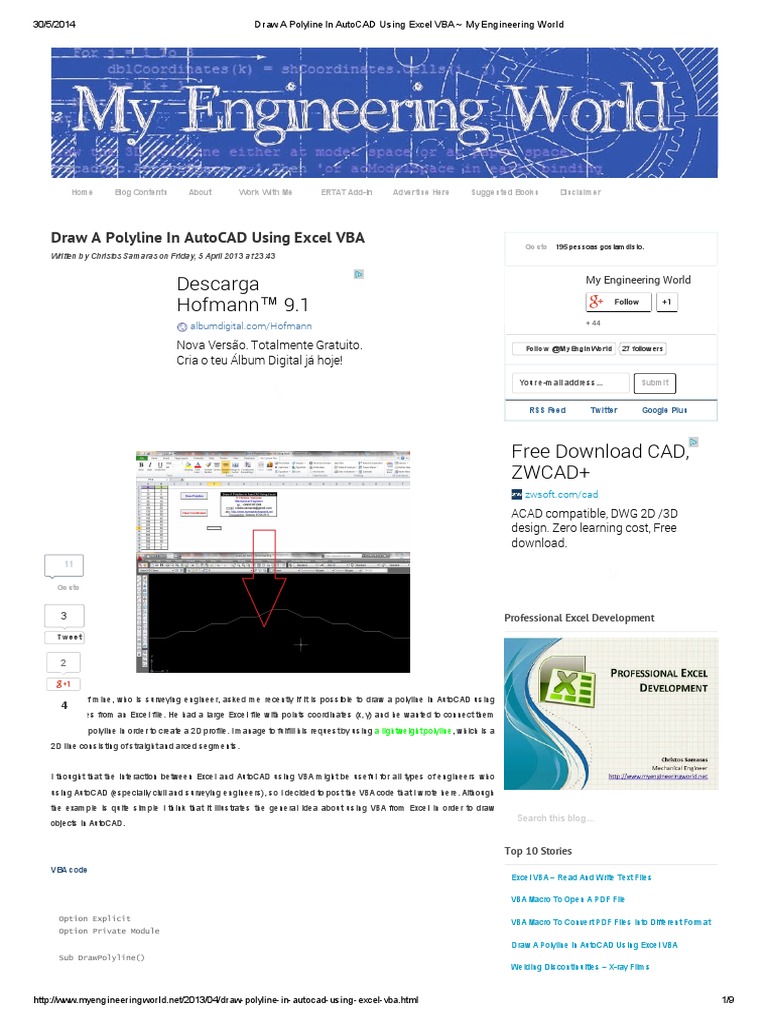 Draw A Polyline In Autocad Using Excel Vba My Engineering World Pdf Auto Cad Microsoft Excel