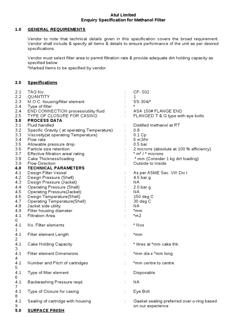 CF-502 Methanol Filter Specification | PDF | Filtration | Firearms