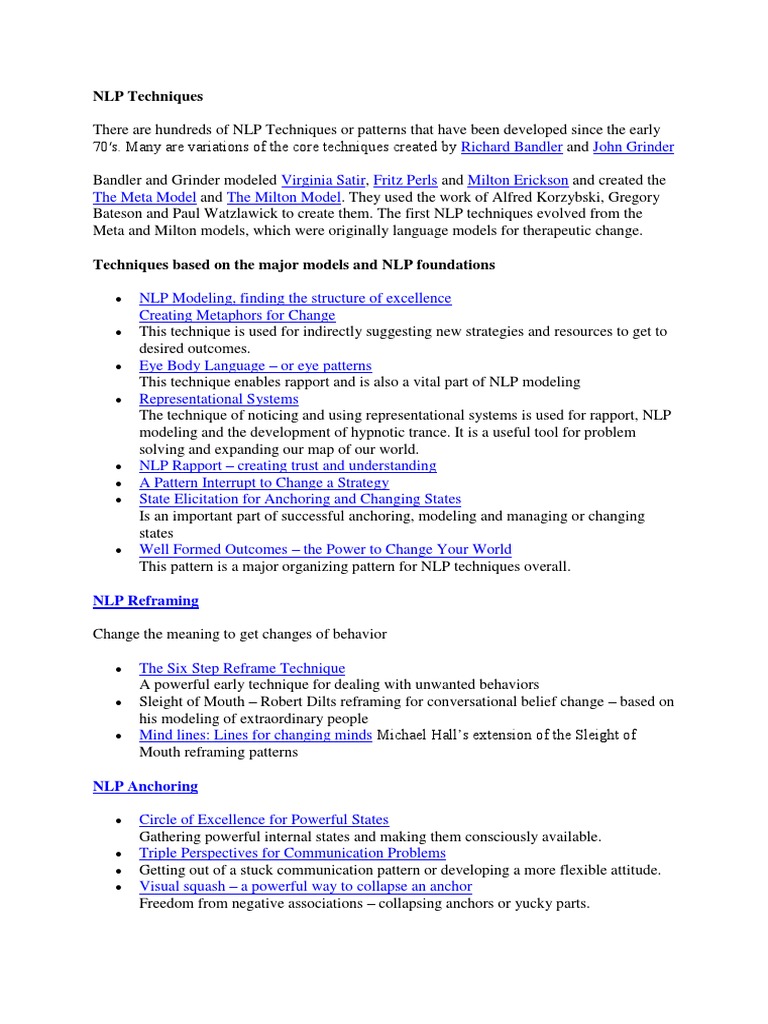 NLP Techniques | PDF | Neuro Linguistic Programming | Action (Philosophy)