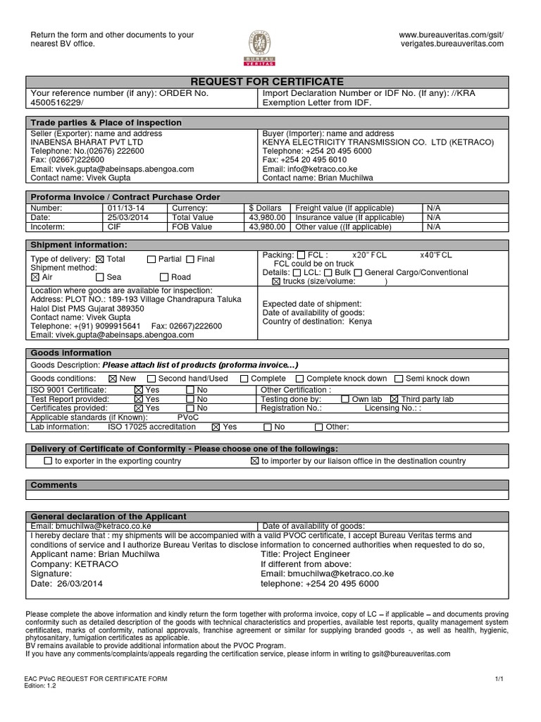 EAC PVoC Certificate Request Form | PDF | Shipping Service | Transport
