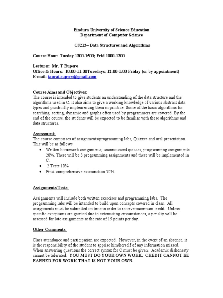 Data Structures and Algorithm Course Outline | PDF | Homework | Data ...