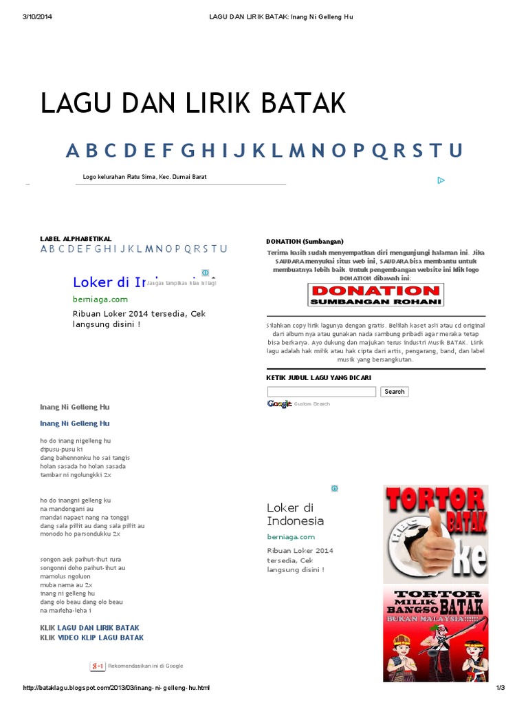 Lirik Lagu Batak: Inang Ni Gelleng Hu | PDF