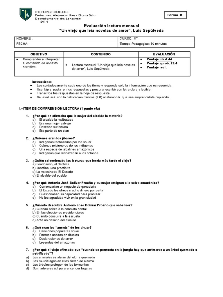Evaluación de comprensión lectora de la novela "Un viejo que leía ...