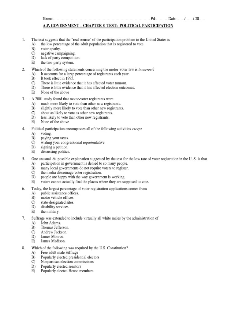 AP Govt CH 8 Test Political Participationtest 8 | PDF | Voter Turnout ...