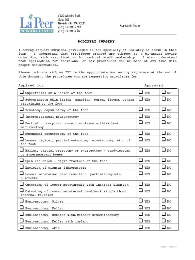 08 - PRIVILEGES- PODIATRY SURGERY.doc | Foot | Surgical Specialties