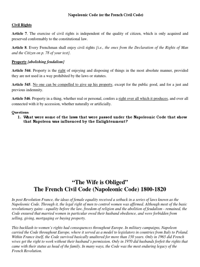 Napoleonic Code Worksheet 2013 | PDF | Natural And Legal Rights | Property