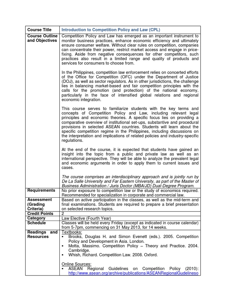 Course Title Course Outline and Objectives: Introduction To Competition ...