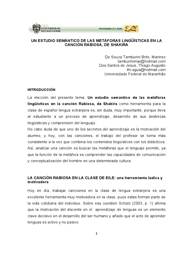 Analisis Metaforas Letra Rabiosa Shakira | PDF | Metáfora | Homo Sapiens