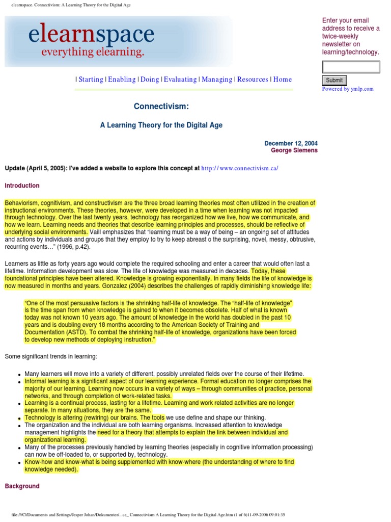 SIEMENS-Connectivism, A Learning Theory | PDF | Constructivism (Philosophy Of Education) | Learning