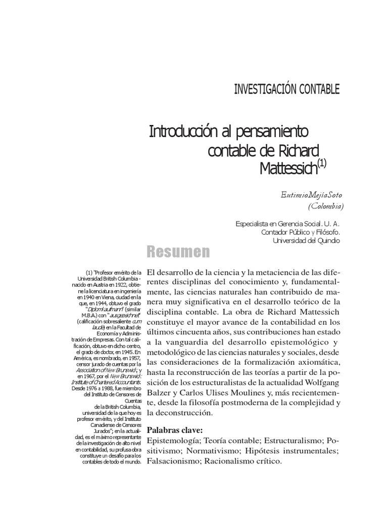 Artã Culo Sobre Richard Mattessich | PDF | Contabilidad | Valoración ...