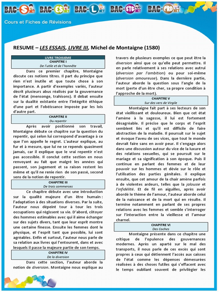 Résumé des Essais de Montaigne, Livre III | PDF | Essais (Montaigne ...