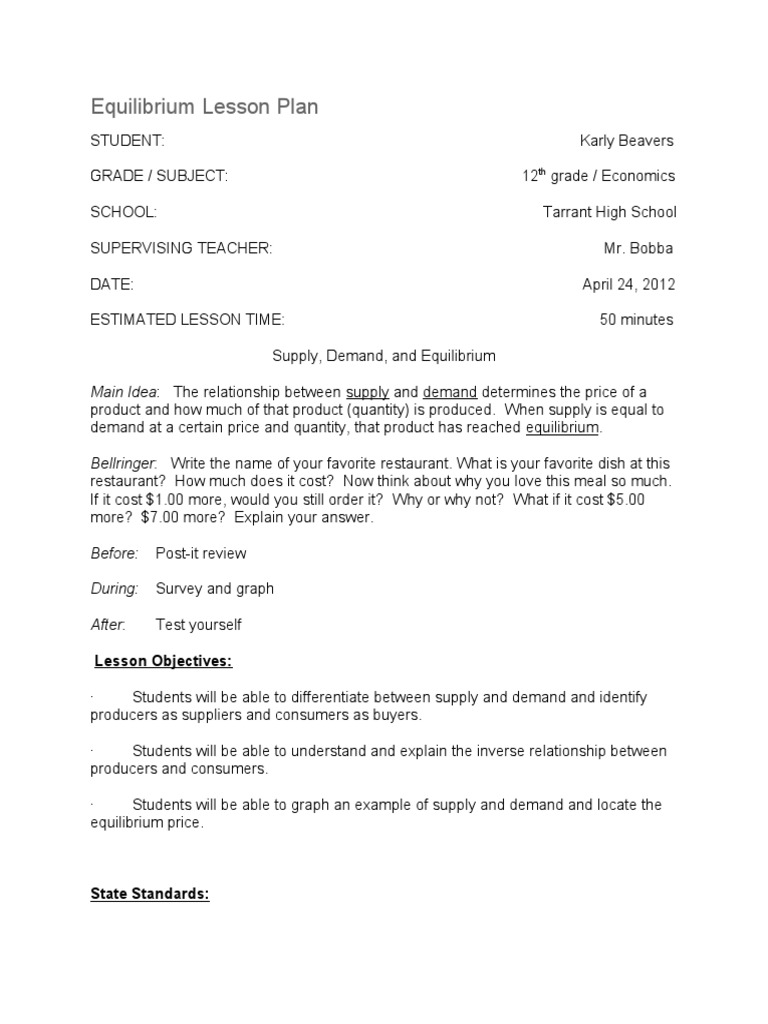 Equilibrium Lesson Plan | PDF