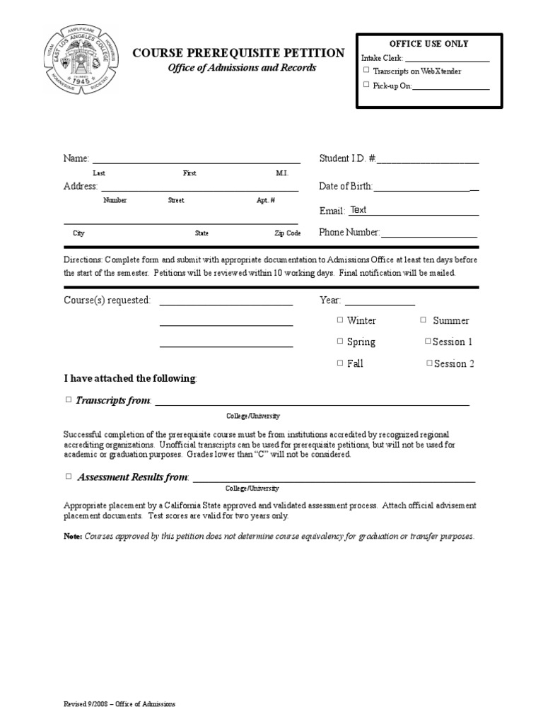 Course Prerequisite Petition Form | PDF | University And College ...