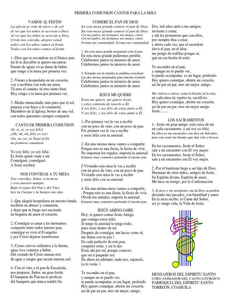 PRIMERA COMUNION CANTOS PARA LA MISA.pdf | eucaristía | Misa (liturgia)