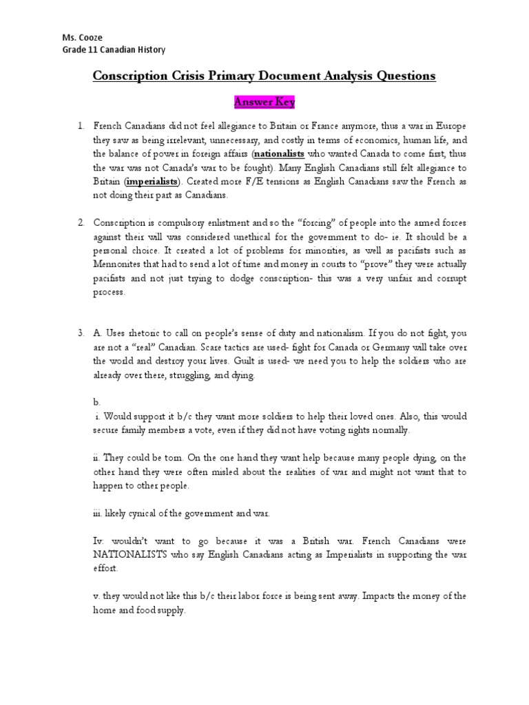 Conscription Crisis Primary Document Analysis Questions Answer Key ...