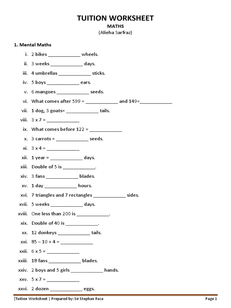 Tuition Worksheet: Maths | PDF | Sports | Leisure