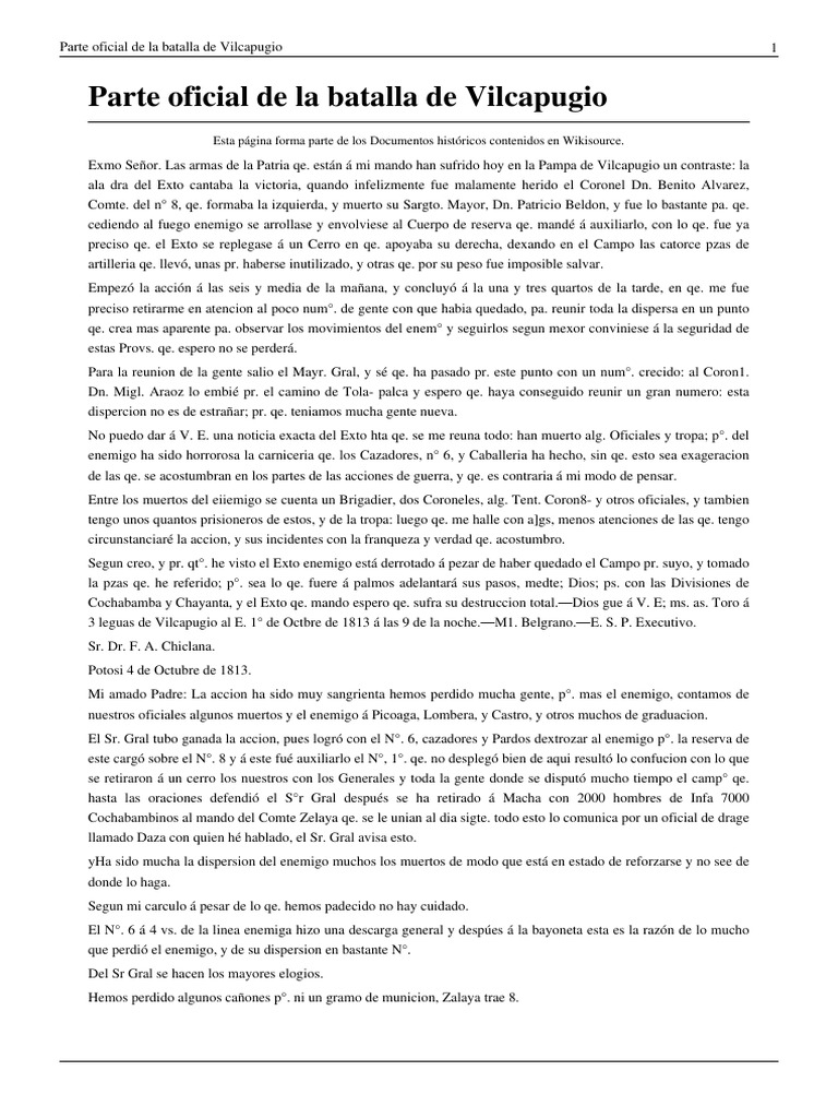 Parte Oficial de La Batalla de Vilcapugio | PDF | guerras napoleónicas ...