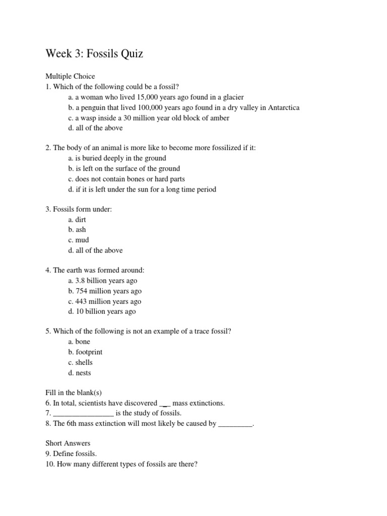 Fossils Quiz: 25 Questions & Answers | PDF | Social Science