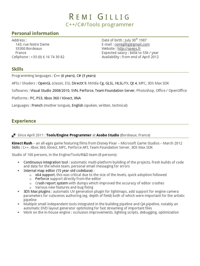 Remi Gillig Resume/CV (English) | PDF | Computer Graphics | Software