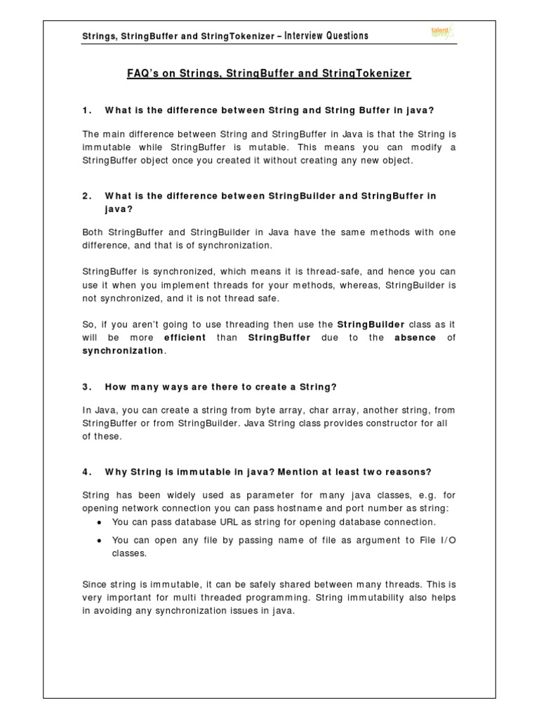 Interview Questions Strings Stringbuffer And Stringtokenizer Pdf String Computer Science