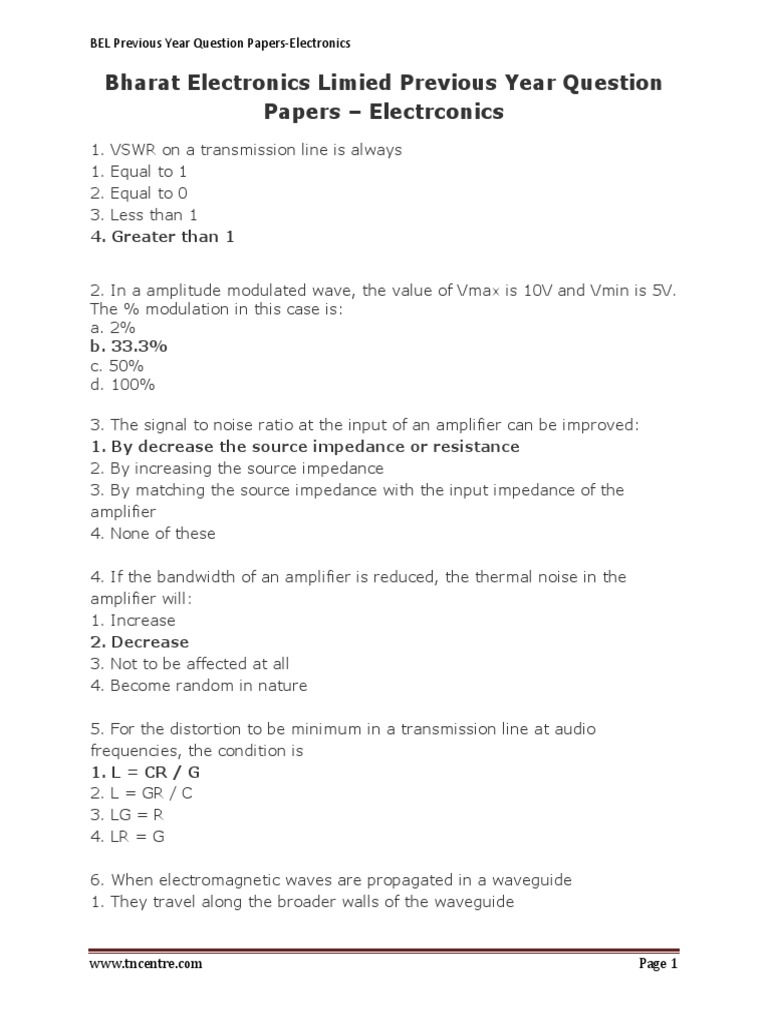 BEL Previous Year Question Papers-Electronics | PDF | Amplifier ...