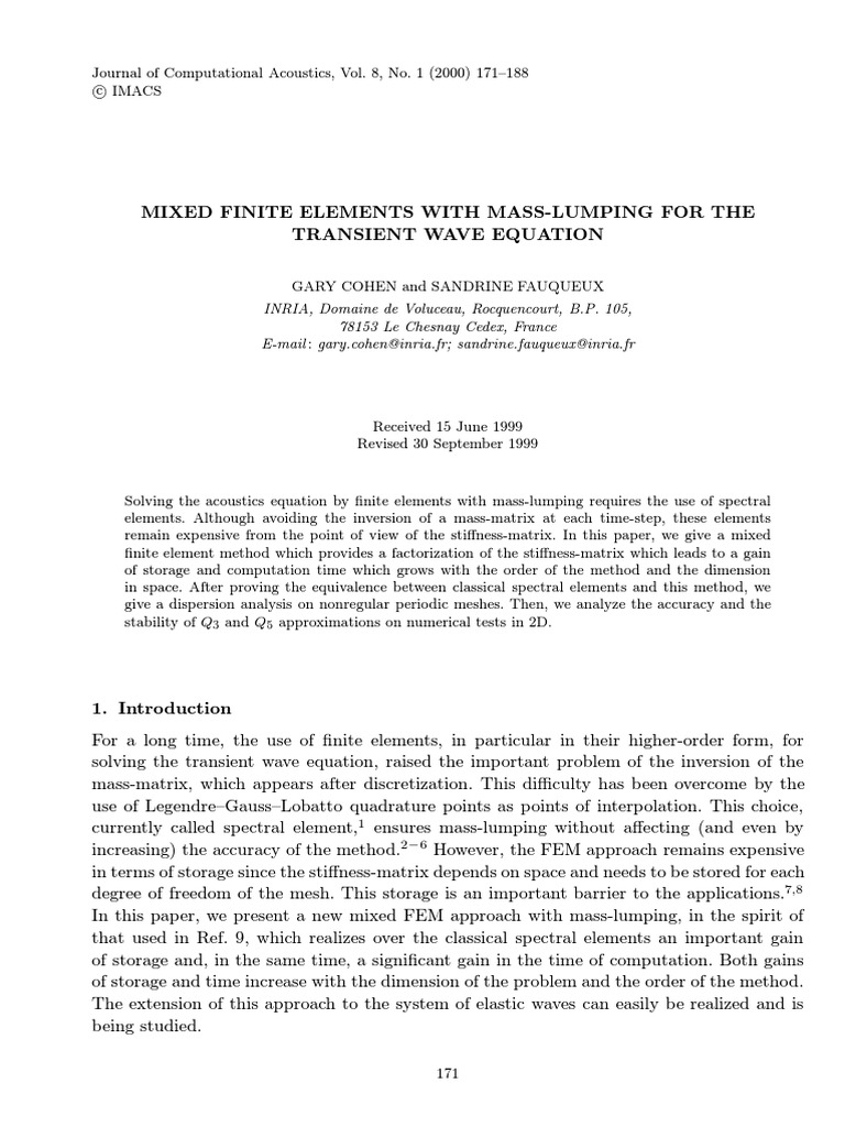 COHEN - Mixed Finite Elements With Mass-Lumping For The Transient Wave Equation | PDF | Finite ...