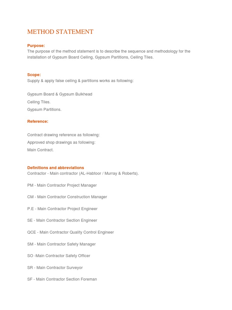 METHOD STATEMENT Gypsum Board Ceiling, Gypsum Partitions, Ceiling Tiles ...