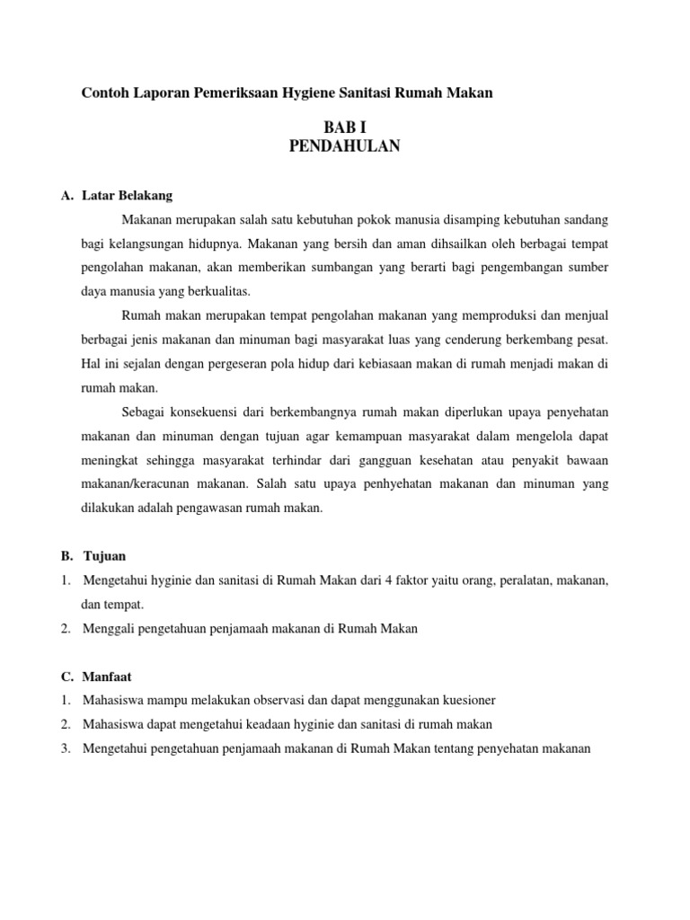 Contoh Laporan Pemeriksaan Hygiene Sanitasi Rumah Makan | PDF