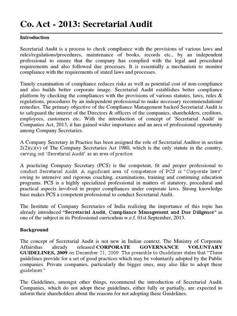 Co. Act - 2013: Secretarial Audit | PDF | Audit | Securities (Finance)