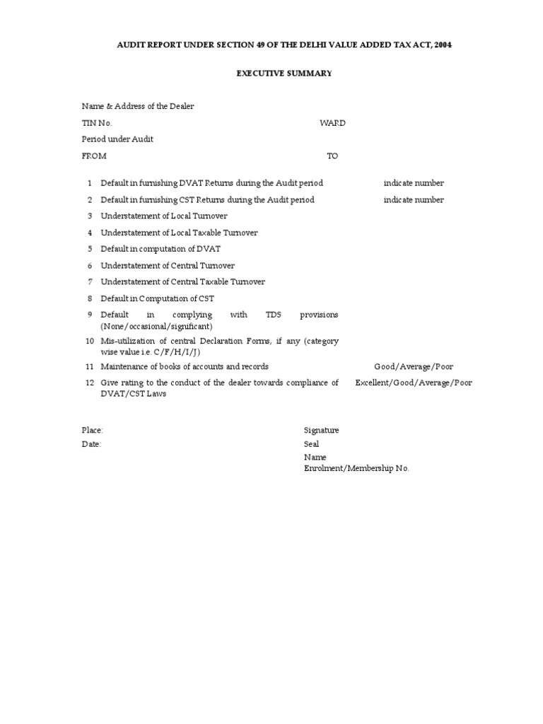 Audit Report Under Section 49 of The Delhi Value Added Tax Act, 2004 ...
