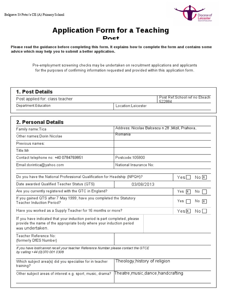 Teacher Application Form | PDF | Disability | Cognitive Science