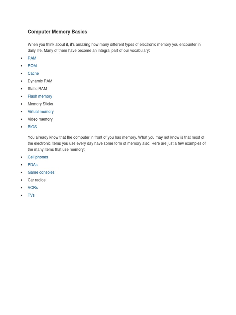 Computer Memory Basics: RAM ROM Cache | PDF | Random Access Memory ...
