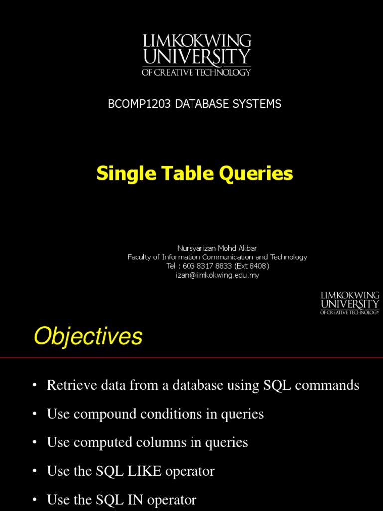 Single Table Queries: Bcomp1203 Database Systems | PDF | Sql | Databases