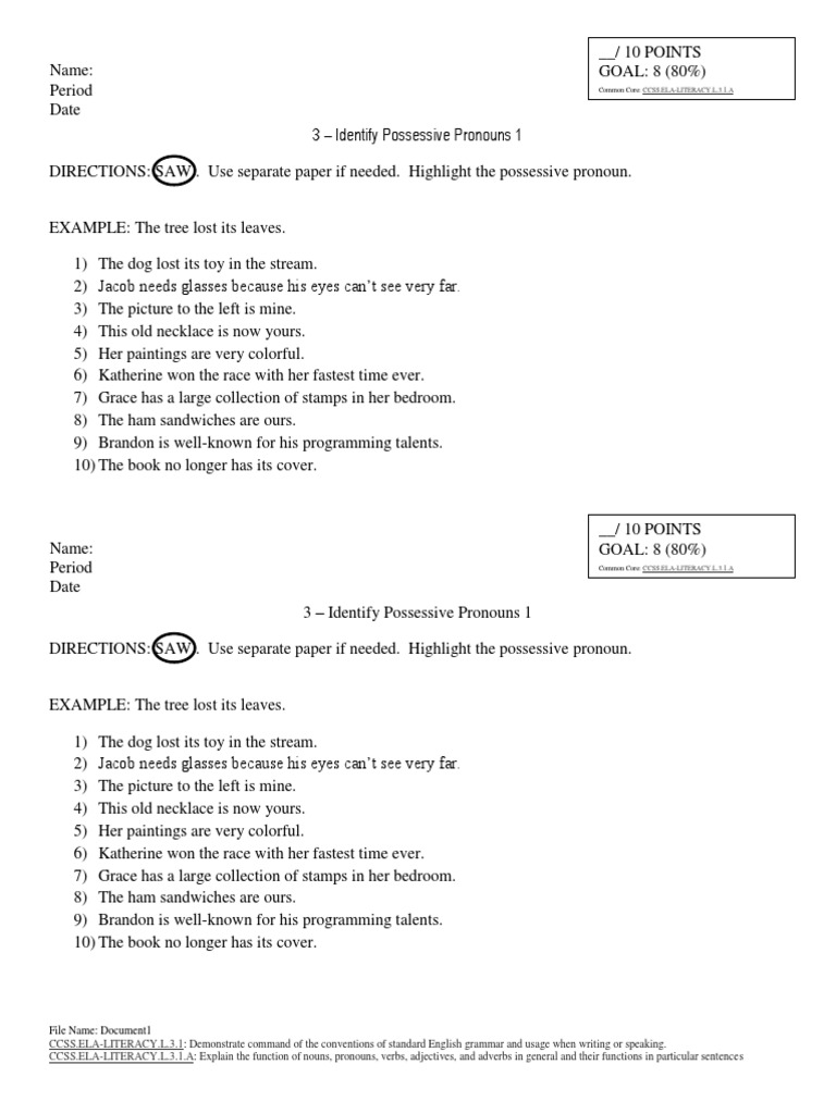 3 - Identify Possessive Pronouns (CCSS 3.l.3.1.a) | PDF | English ...