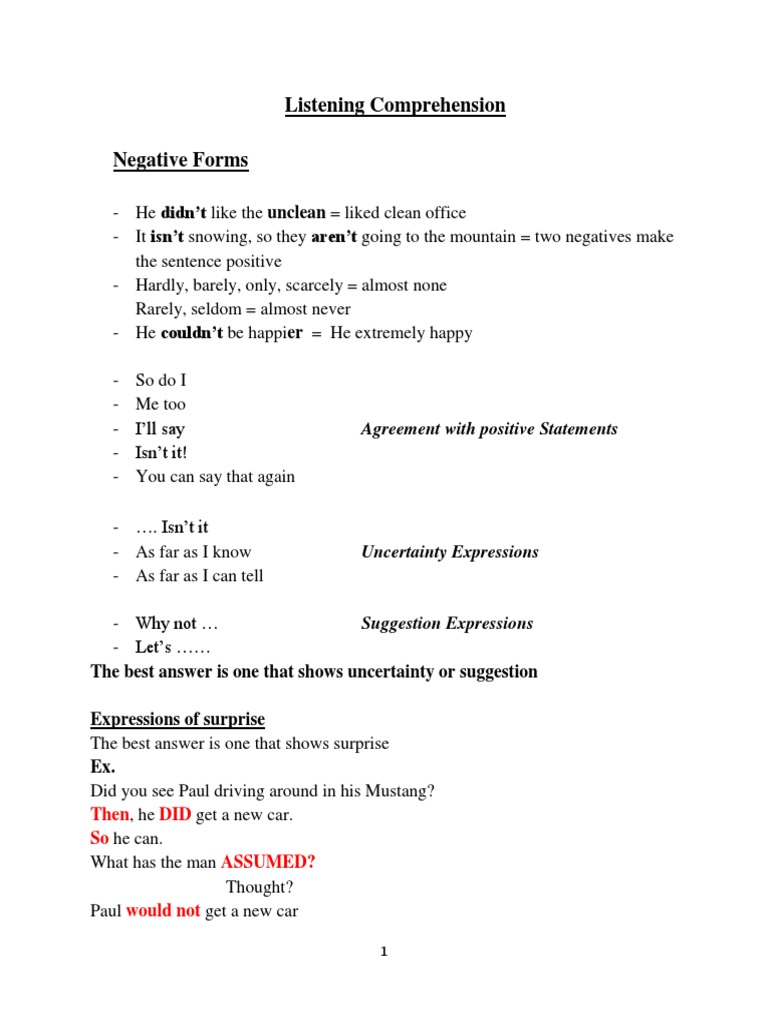 Listening Comprehension Negative Forms: Agreement With Positive ...